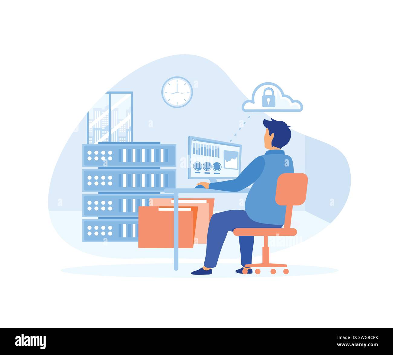flat vector business technology storage and cloud server service concept with administrator and ...