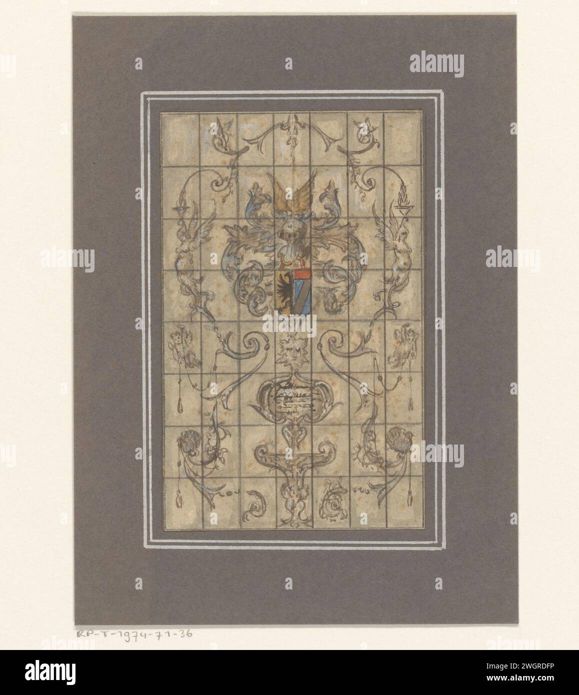 Design for a stained glass window with heraldic weapon, Anonymous, in ...