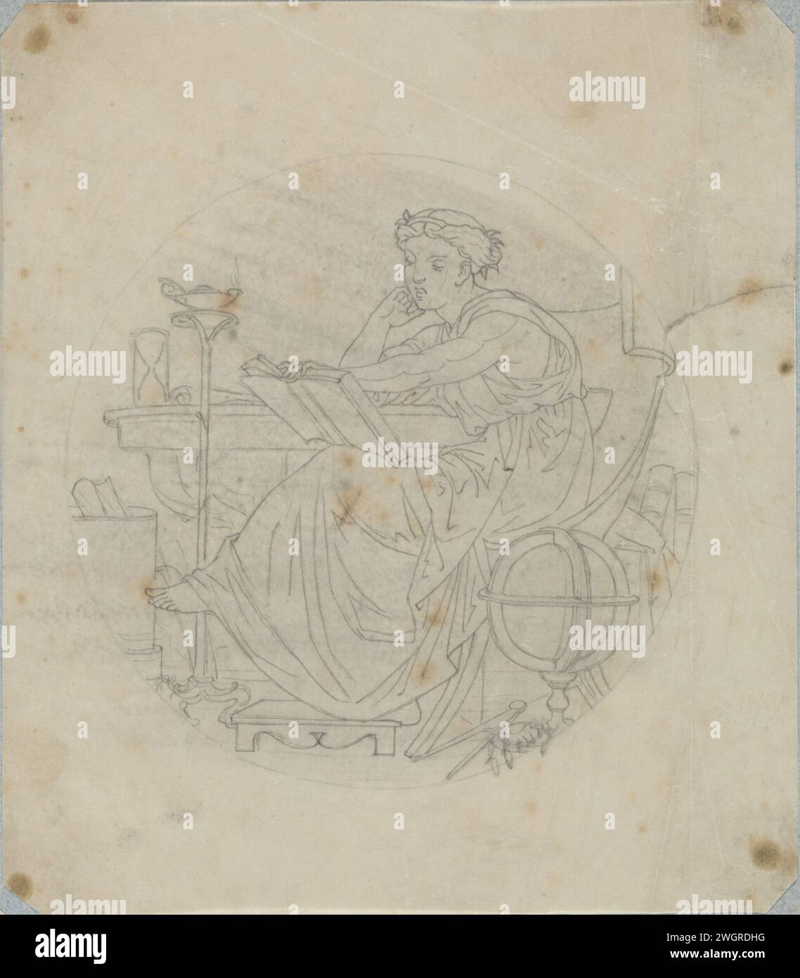 Around medallion with an antique female figure reading a book, with a ...