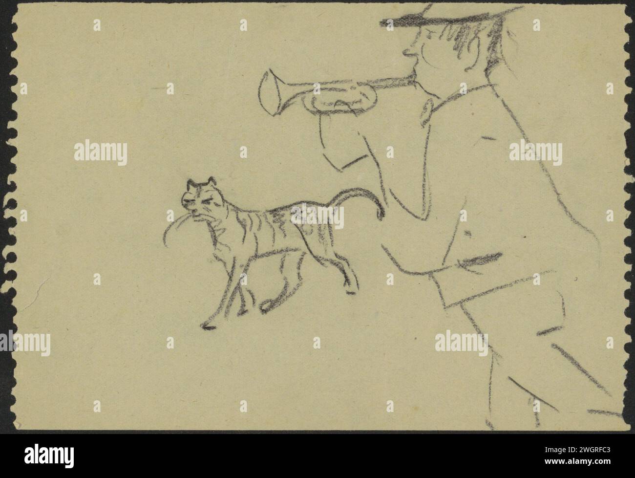 Cat and a trumpet player, c. 1904 - c. 1906 drawing paper. chalk cat ...