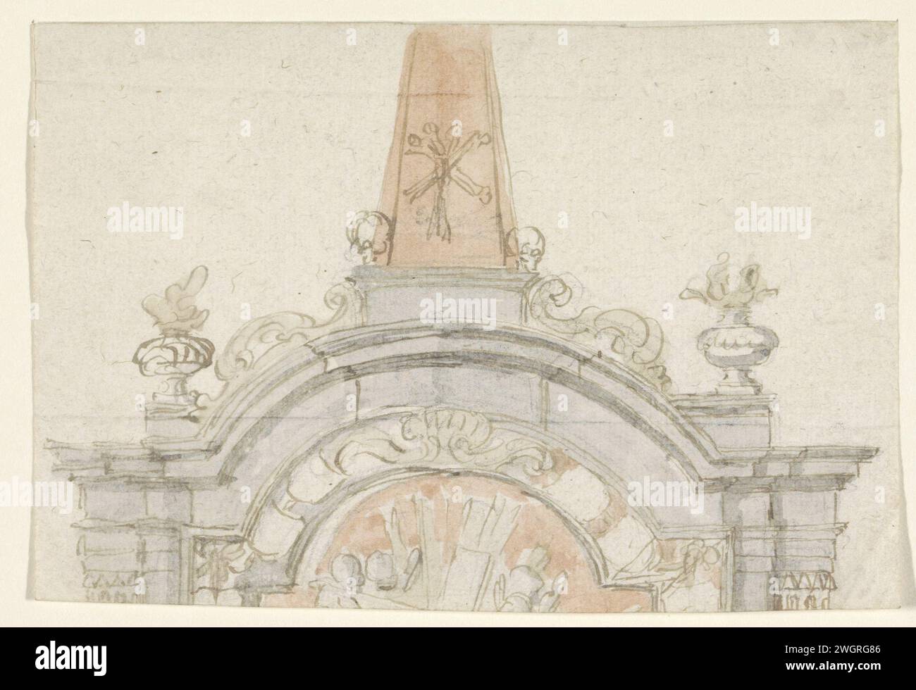 Burial monument with obelisk, anonymous, 1650 - 1800 drawing Top of a burial monument with an ...