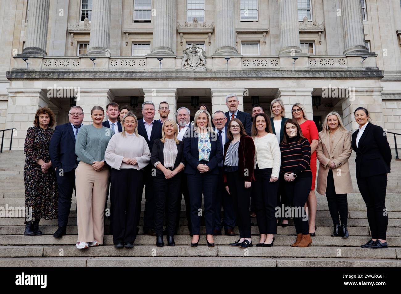 Northern Ireland First Minister Michelle O'Neill (centre) with her Sinn ...