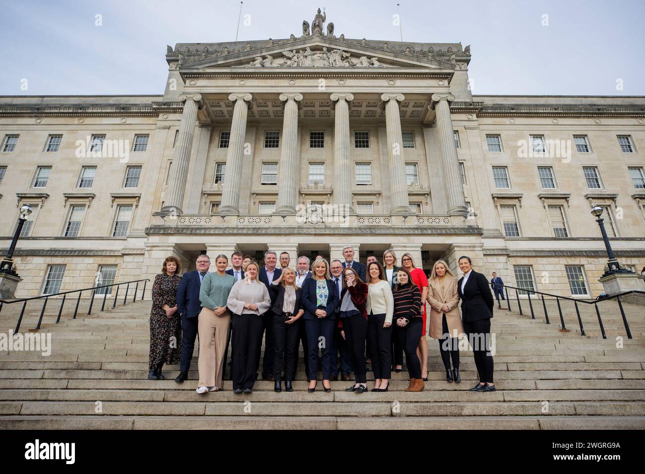 Northern Ireland First Minister Michelle O'Neill (centre) with her Sinn ...