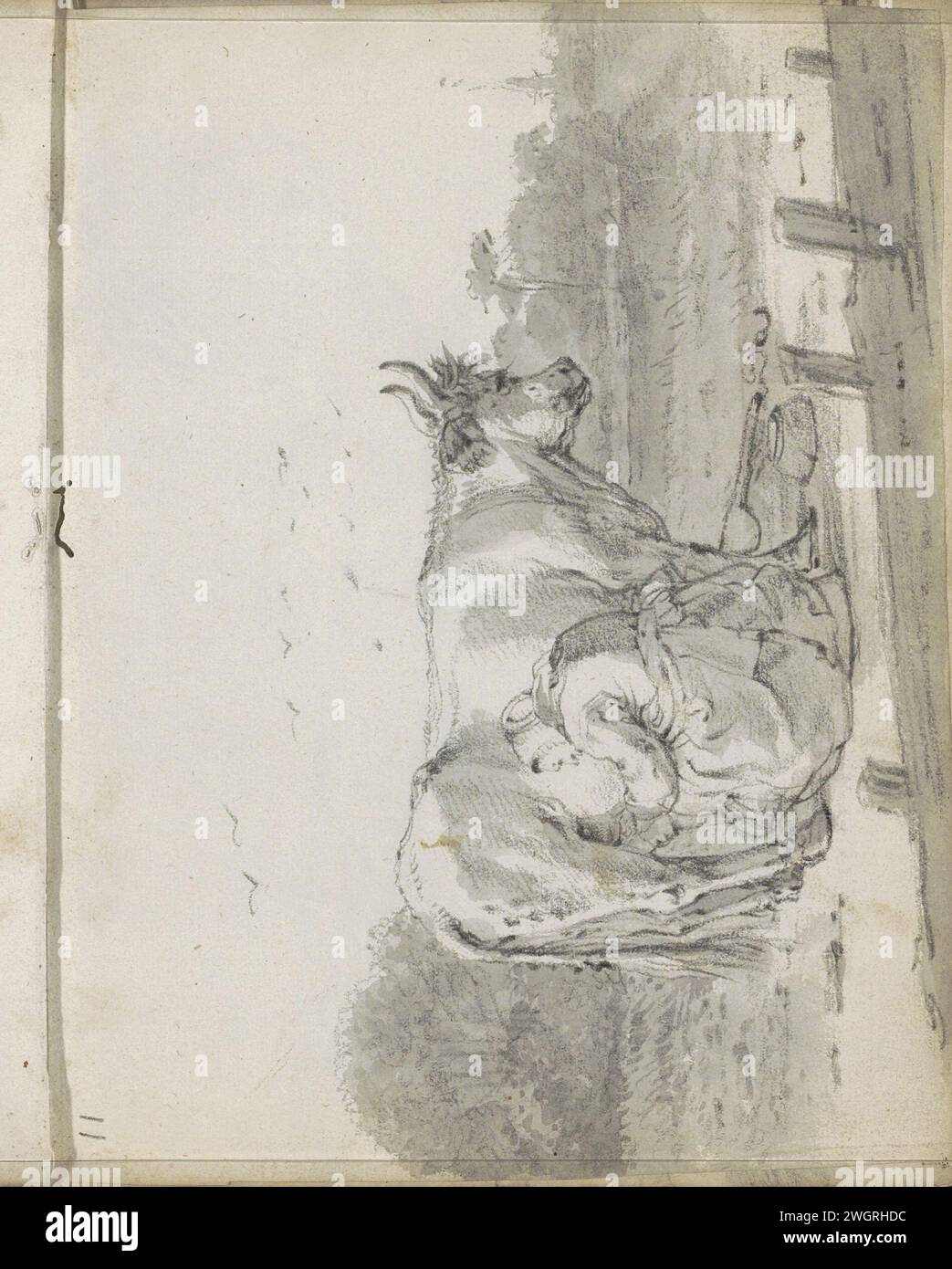 Farmer's wife who milks a cow in a landscape, 1666 Page 11 Recto from a ...