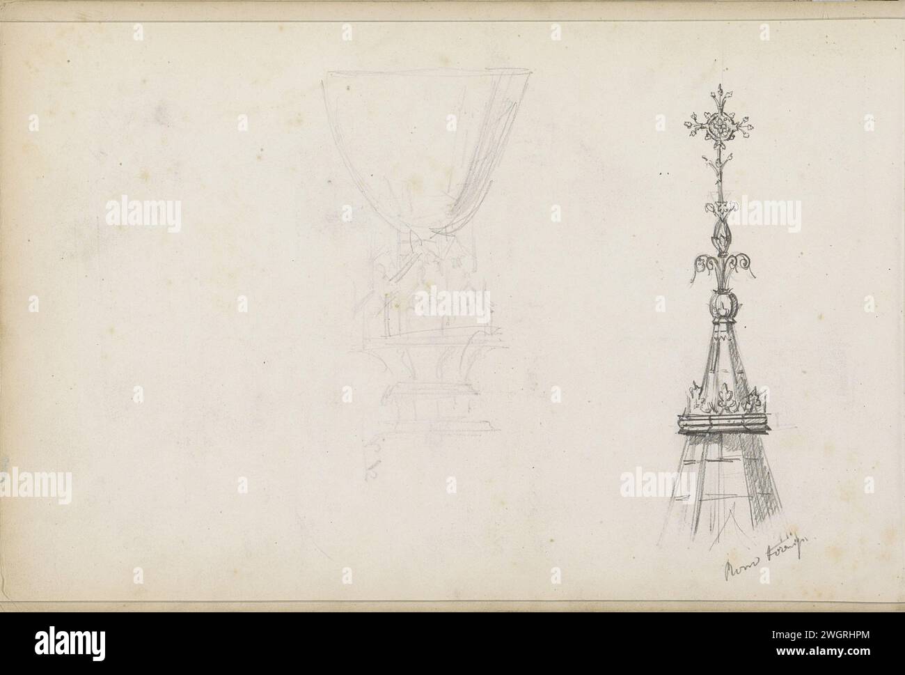 Chalice on a pedestal and a Roman spire, 1862 - 1867 Leaf 7 Verso from ...