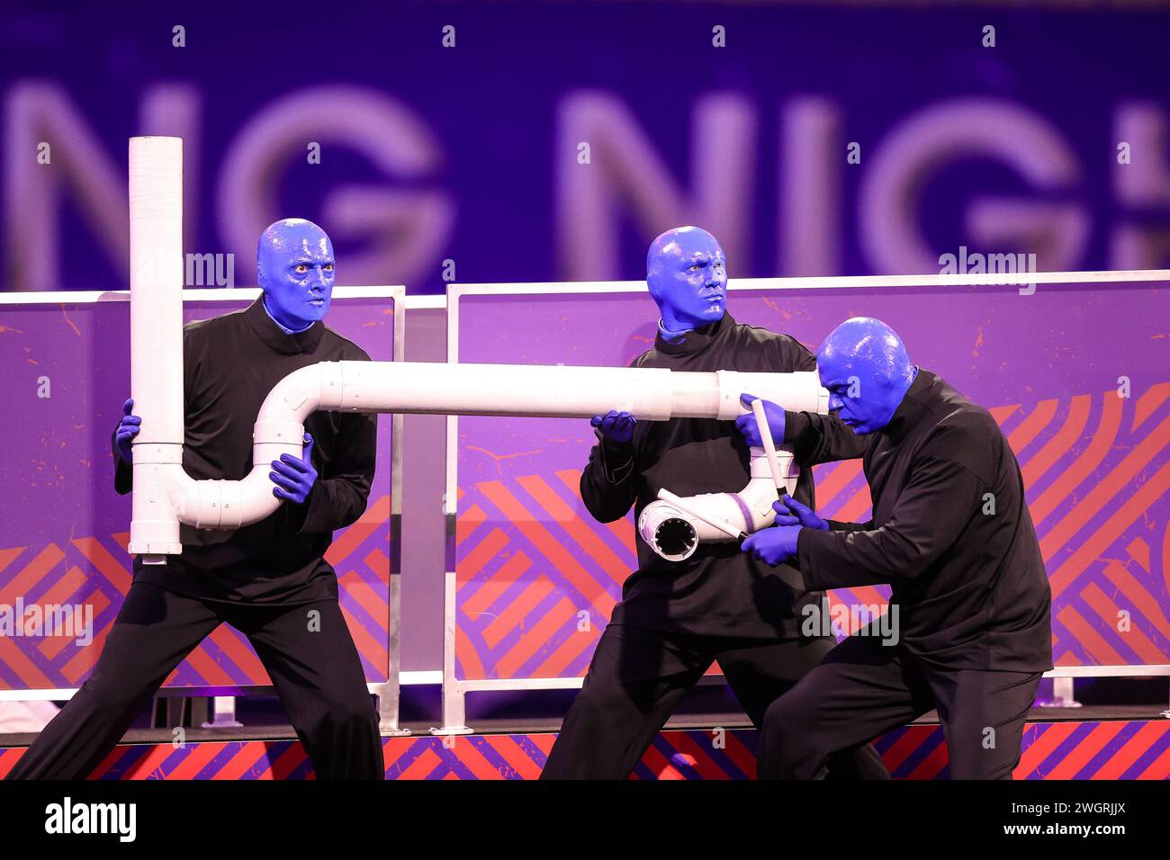 February 05, 2024: Members of the Blue Man Group perform during the ...