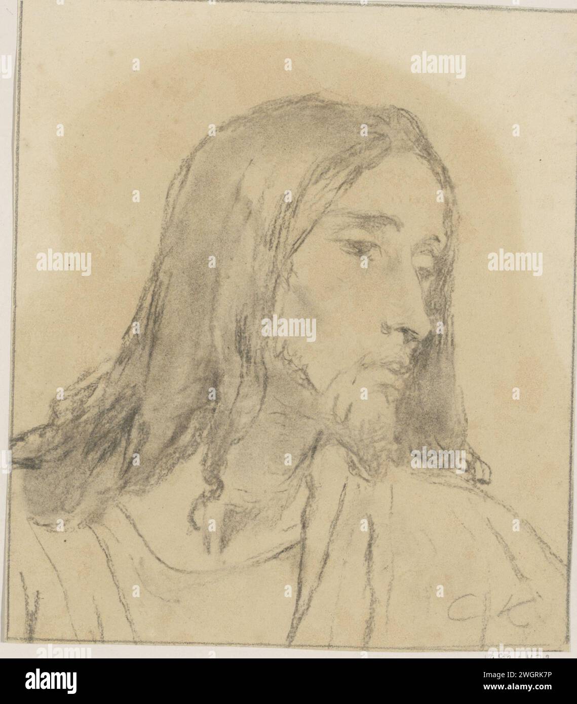 Kop van Christus, Cornelis Kruseman, 1808 - 1857 drawing Verso a cut ...
