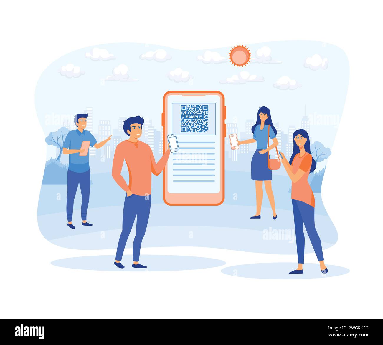 Young people scanning bar code using mobile smart phone for online ...