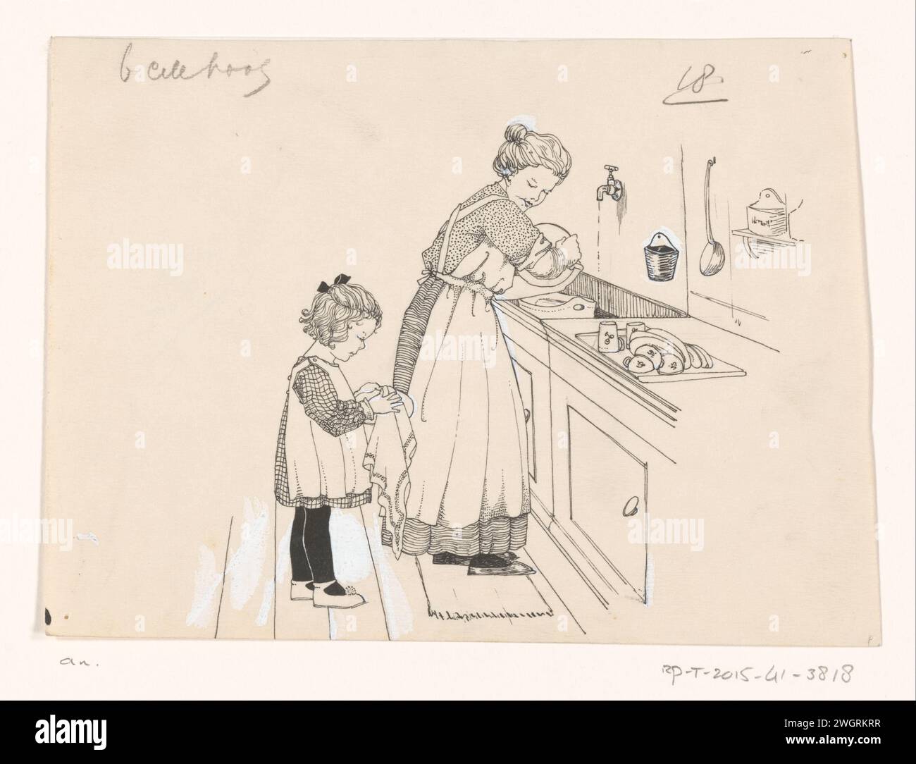 Girl helps mother with the dishes, anonymous, c. 1890 - c. 1930 drawing ...