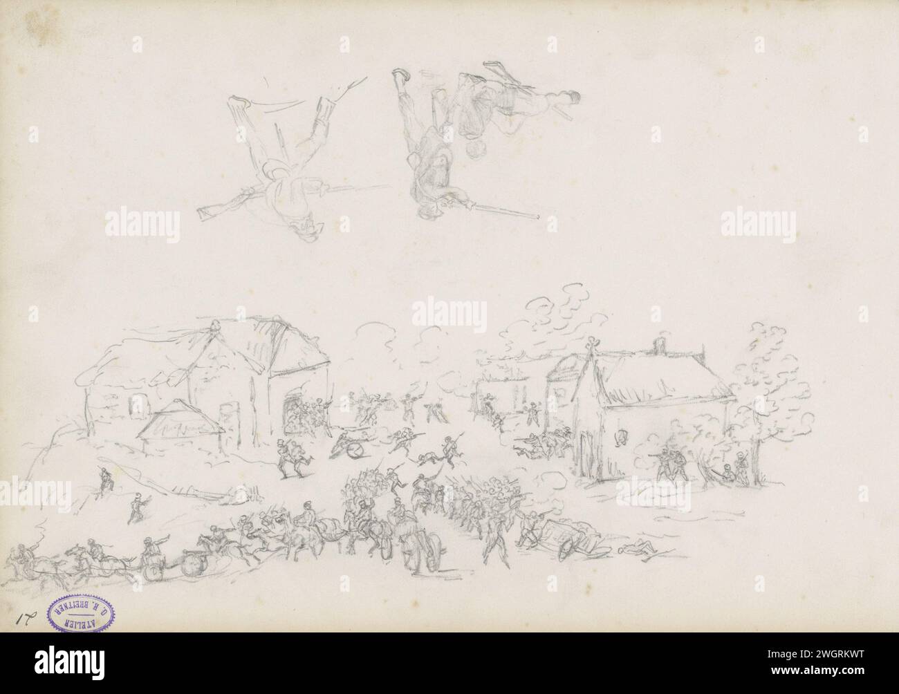 Fight in a village, 1872 drawing Horse-and-car cars and infantrymen in ...