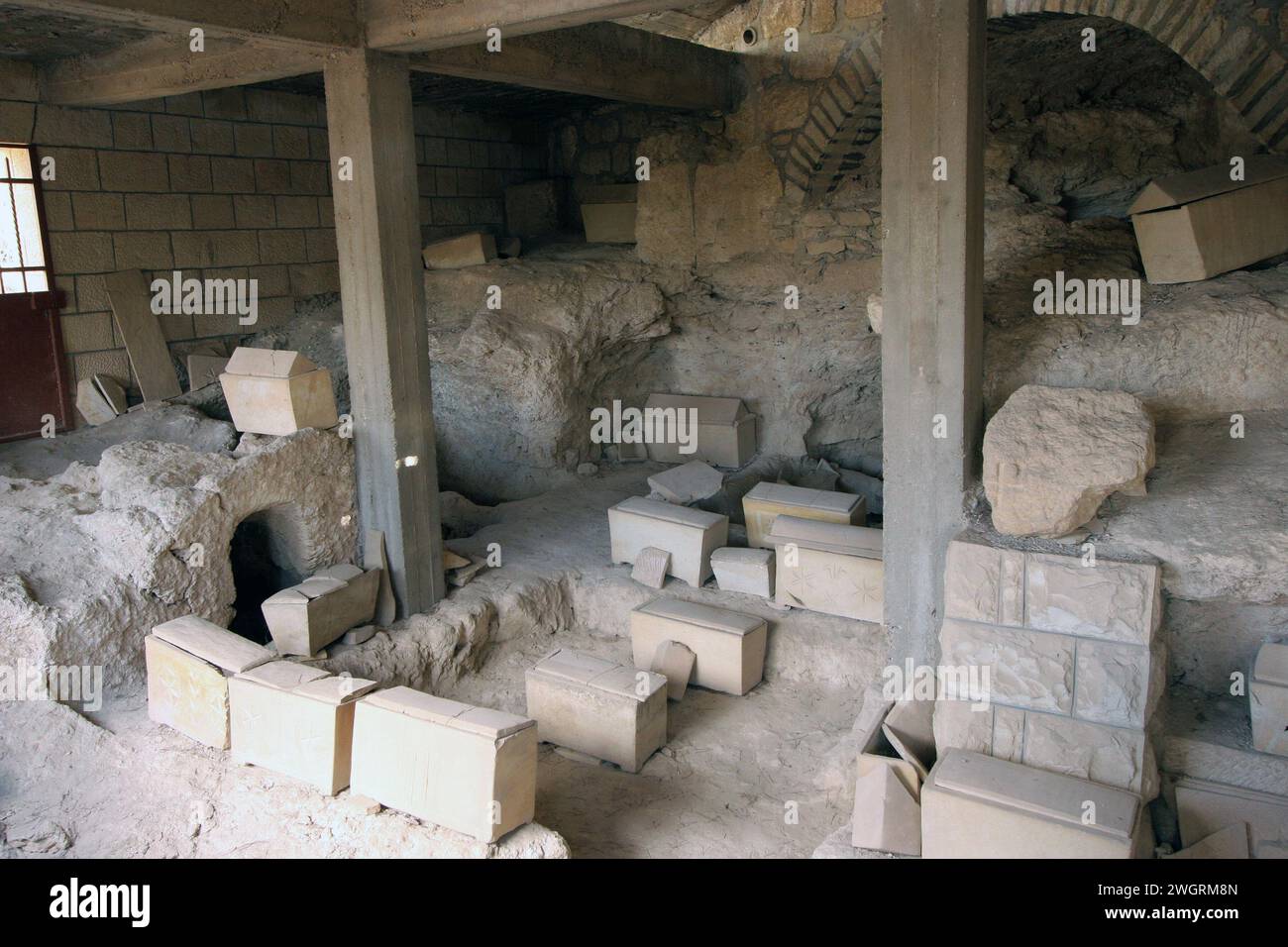 Stone coffins, burial chambers and sarcophagi in the catacombs in the ...