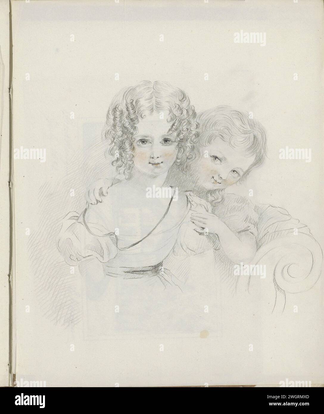 Portrait of two girls on a bank, 1816 - 1852 Loose drawing between leaf ...