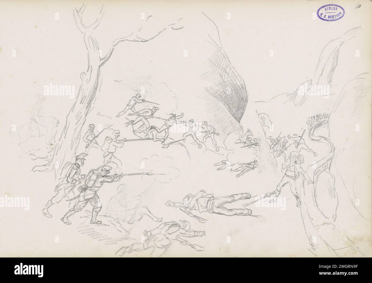 Fight in a mountain pass, 1872 drawing Infantrymen with guns and ...