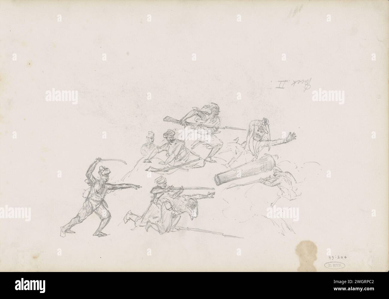 Fighting soldiers, 1873 drawing With sabers, a cannon and guns with ...