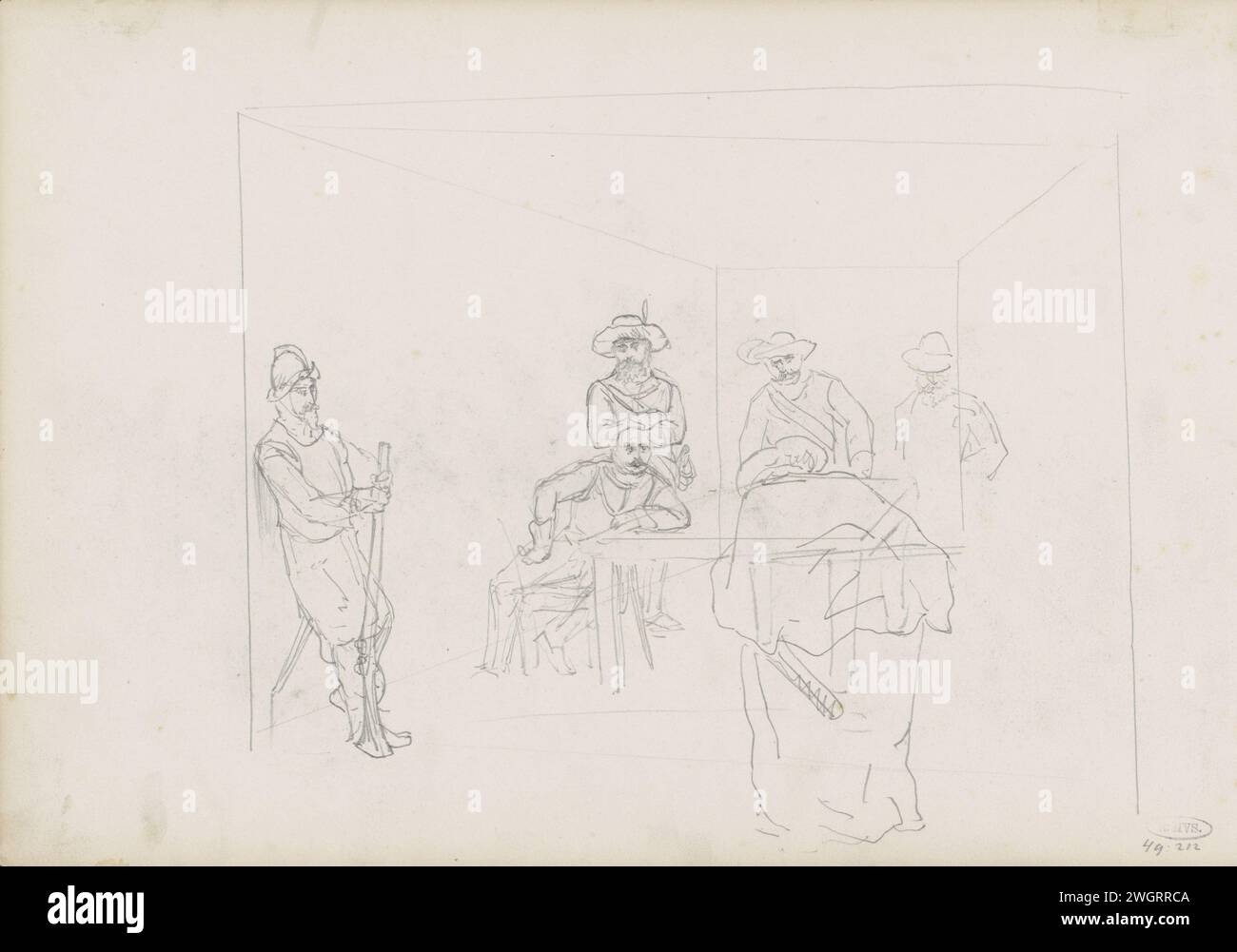 Soldiers around a table, possibly during an interrogation, 1873 drawing ...