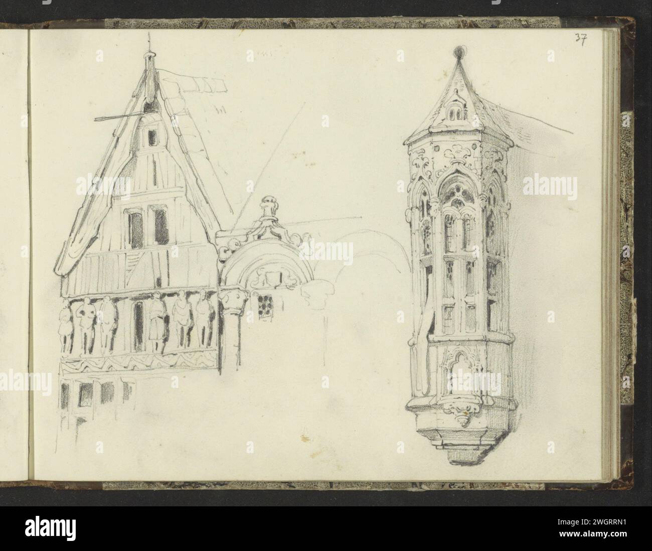 Facade with sculpture and a tower, 1819 - 1849 The tower has decorated ...
