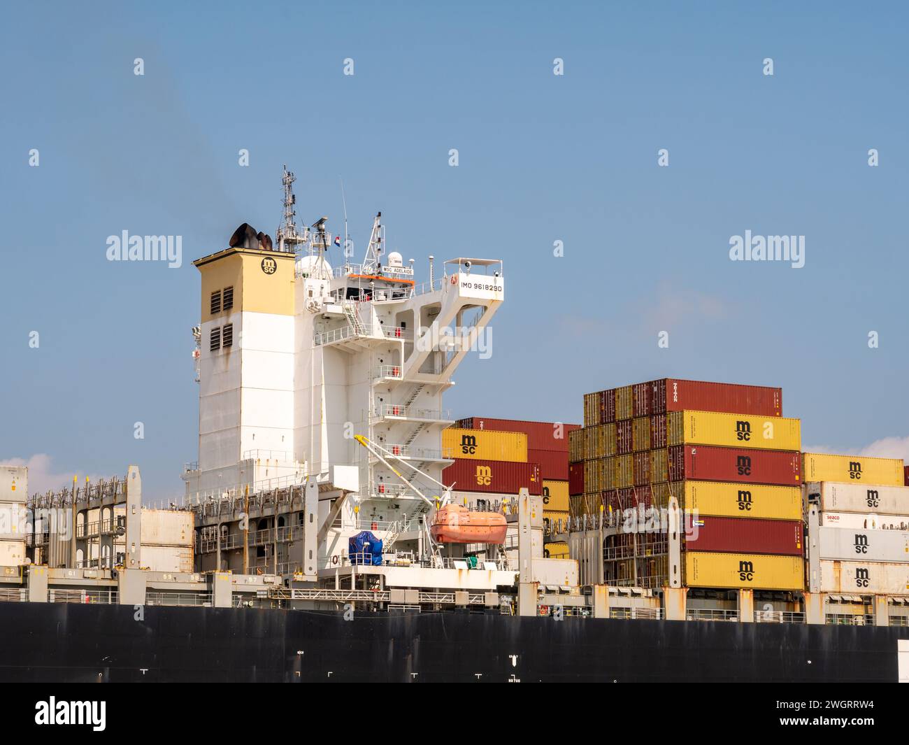 Bridge and funnel of container ship MSC Adelaide sailing on ...