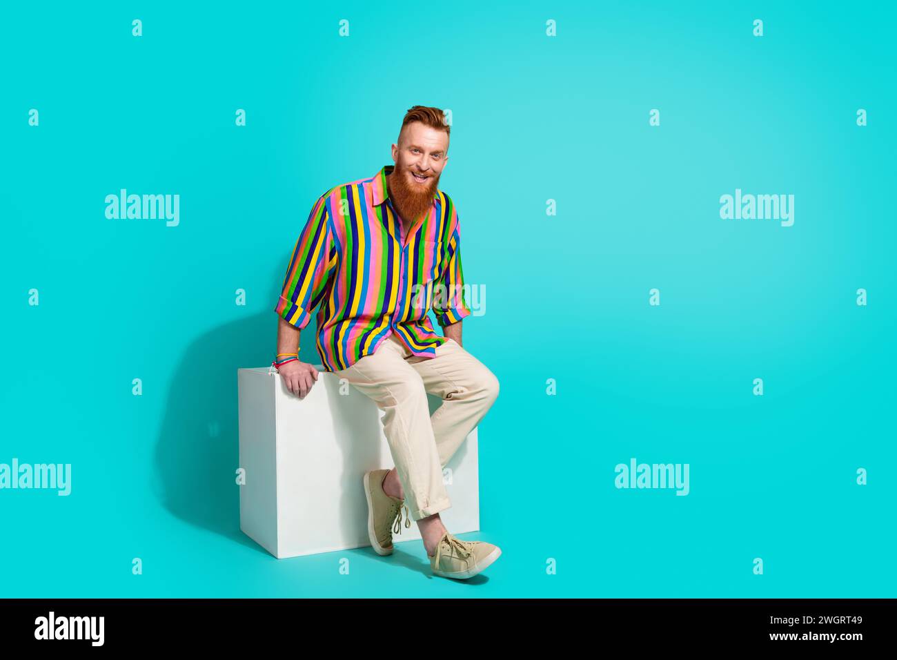 Full body size photo of handsome cheerful boyfriend chill out sitting ...