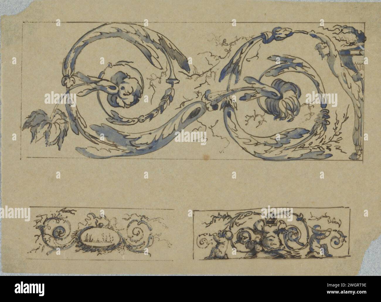 Rectangular field with leaf vines with a figure and a burning urn ...