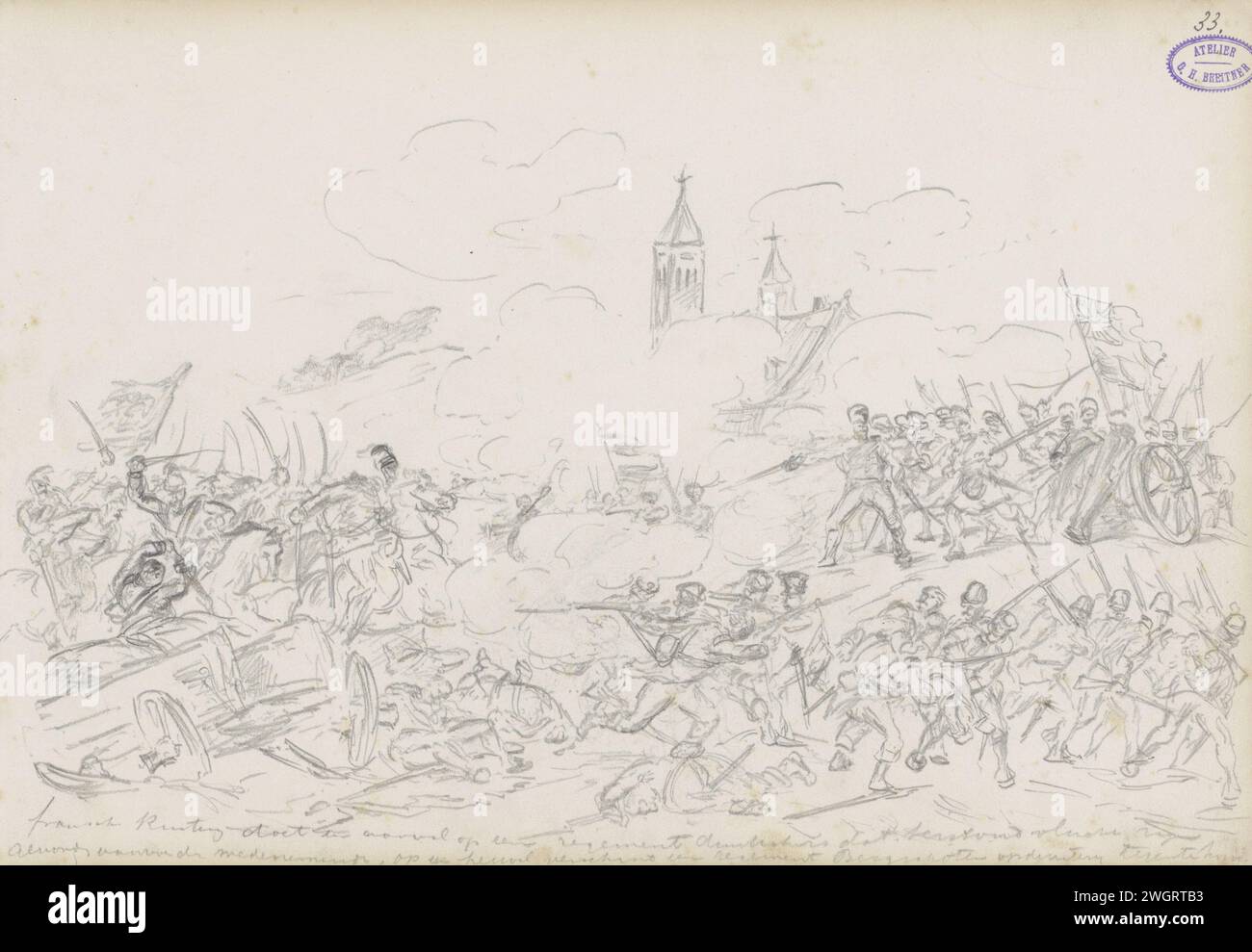 Attack by French cavalrymen on German soldiers, 1872 drawing A church ...