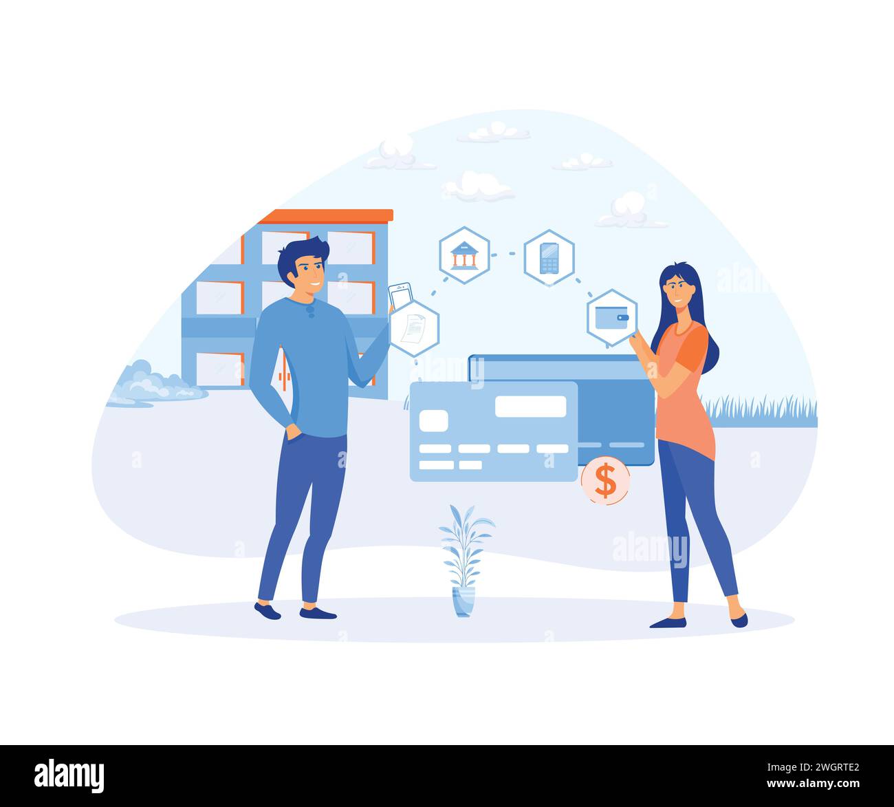 Mobile banking concept illustration of people standing near credit ...