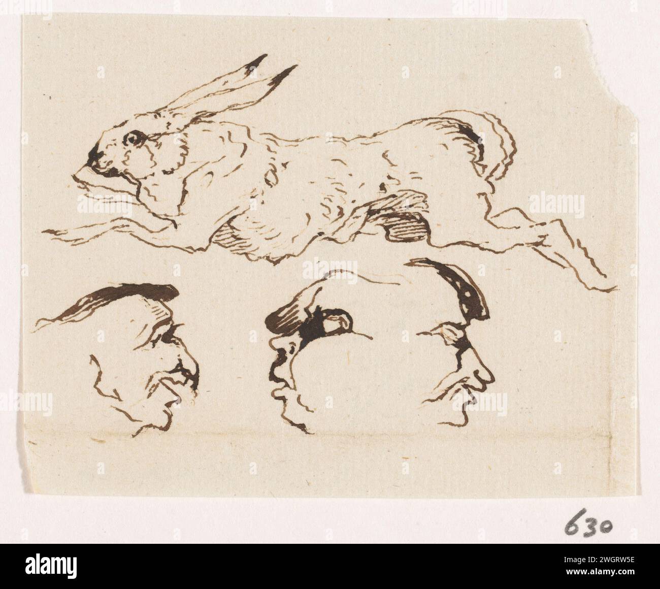 Haas and three heads, Johannes Tavenraat, 1840 - 1880 drawing paper ...