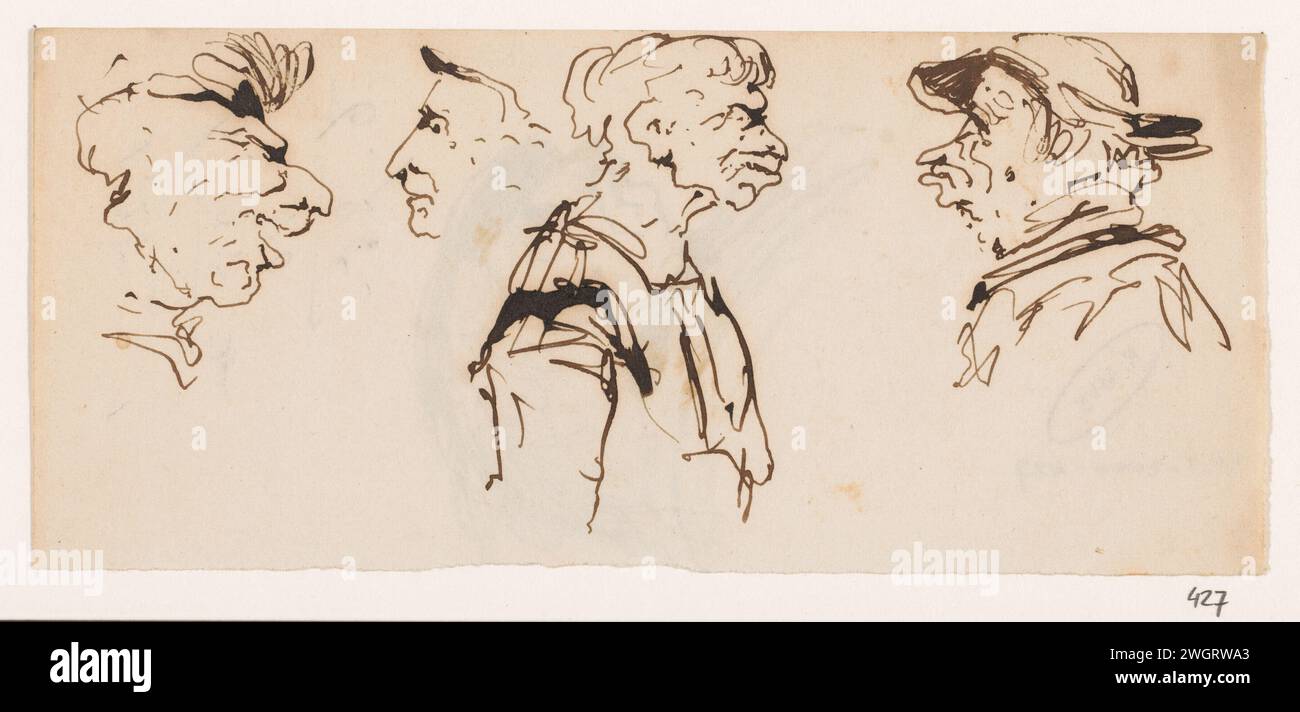 Vier Koppen, Johannes Taventrate, 1840 - 1880 drawing paper. ink pen ...