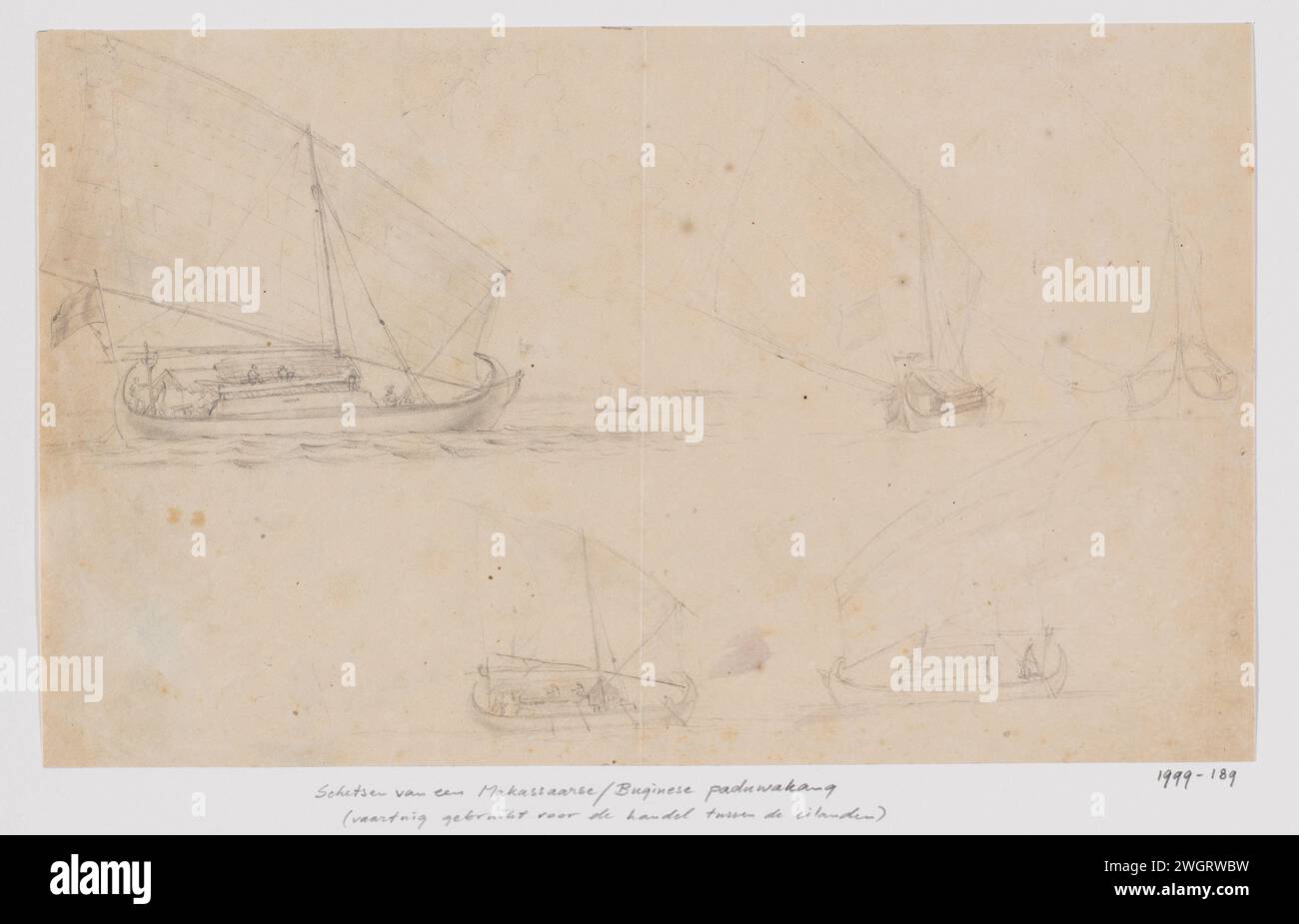Five sketches of vessels under sail, Southeast Moluccas, Adrianus Johannes Bik, 1824 drawing ...