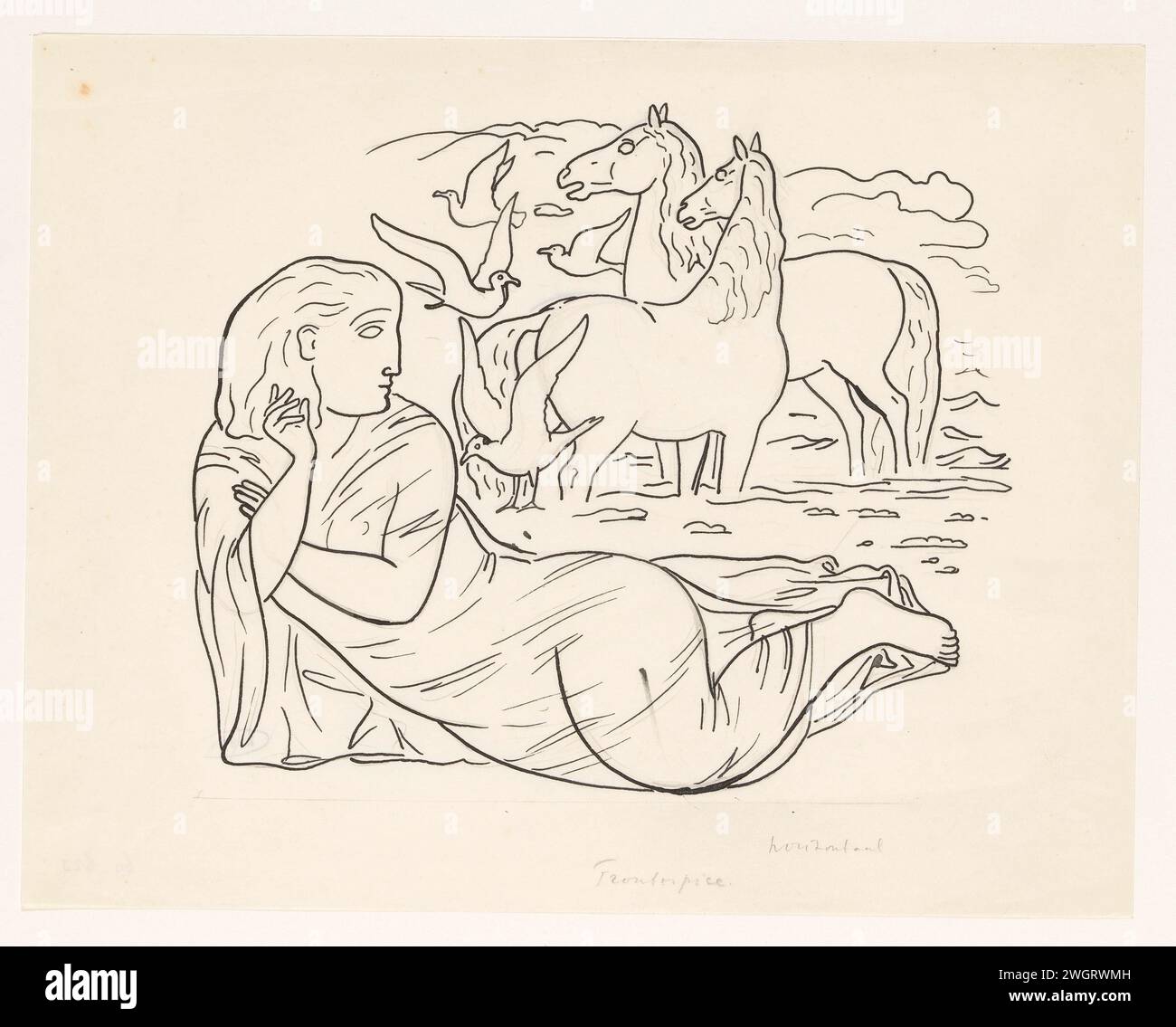 Woman lying on the beach with two horses and a few seagulls, Leo Gestel ...