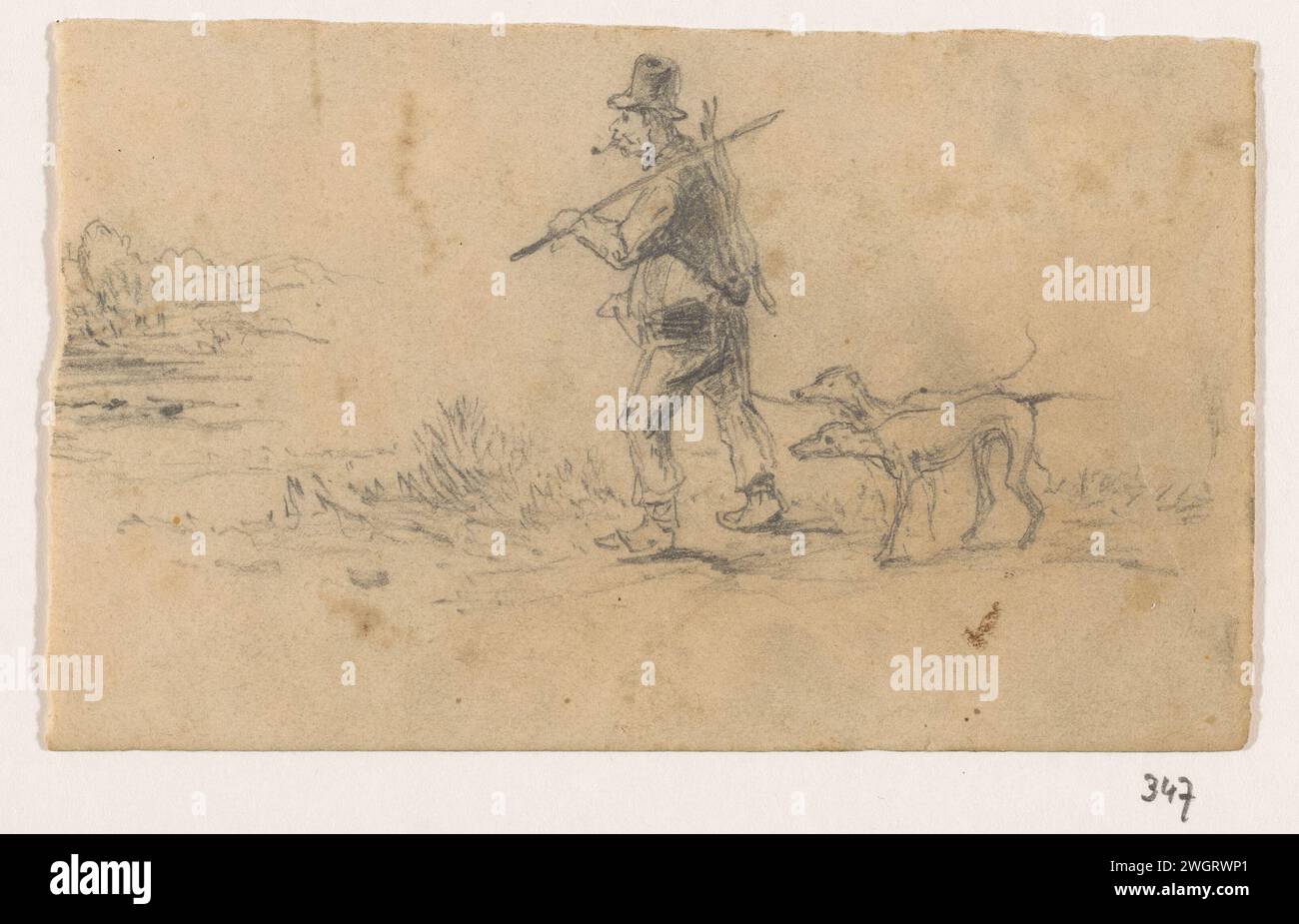 Jager with dogs and a hare on the back, Johannes Taventrate, 1840 ...