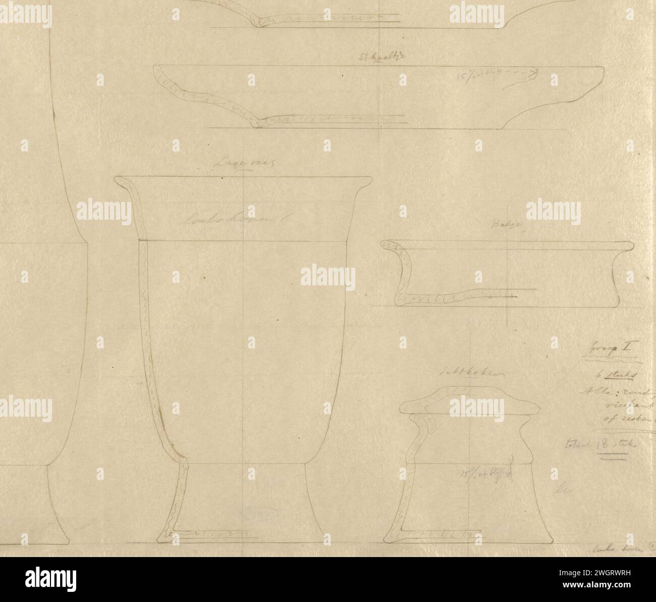 Six designs for vases, bowl, dish, tray and ink cooker from earthenware ...