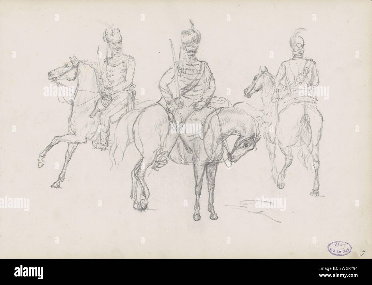 Two hussars and a Kurassier, 1873 drawing Rotterdam paper. pencil ...