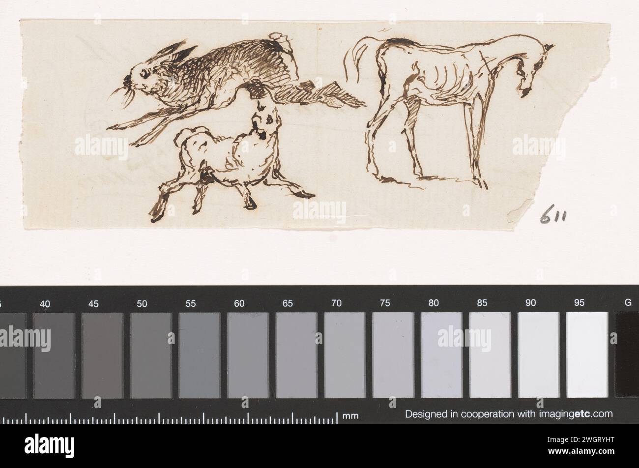 Two hares and one horse, Johannes Taventrate, 1868 drawing Two hares ...