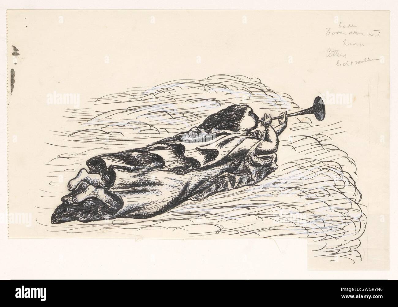 Woman with trumpet, floating on clouds, Leo Gestel, 1891 - 1941 drawing ...