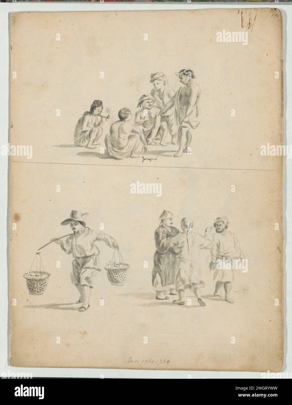 Study sheet with boys, men in conversation and a man with a yoke, c ...