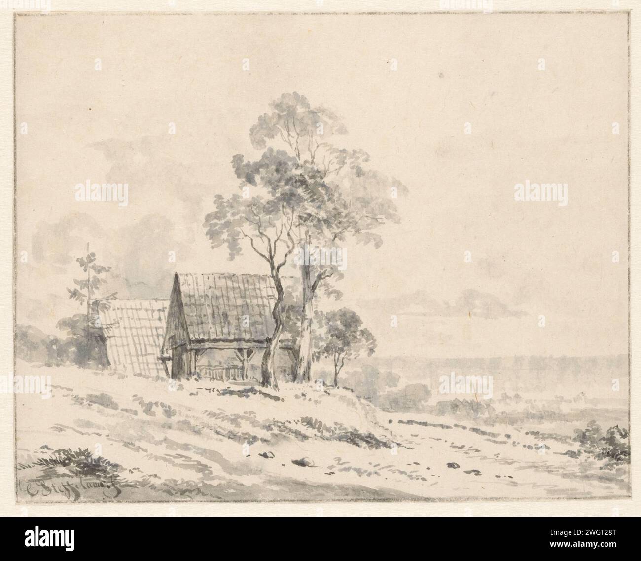 Landscape with two houses, Cornelis Steffelaar, 1807 - 1861 drawing ...