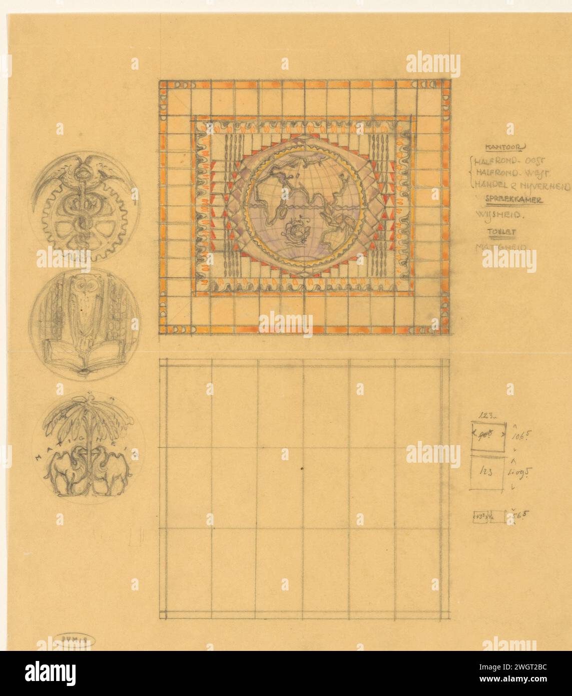 Design for a stained glass window with a world map, Anonymous, in or ...