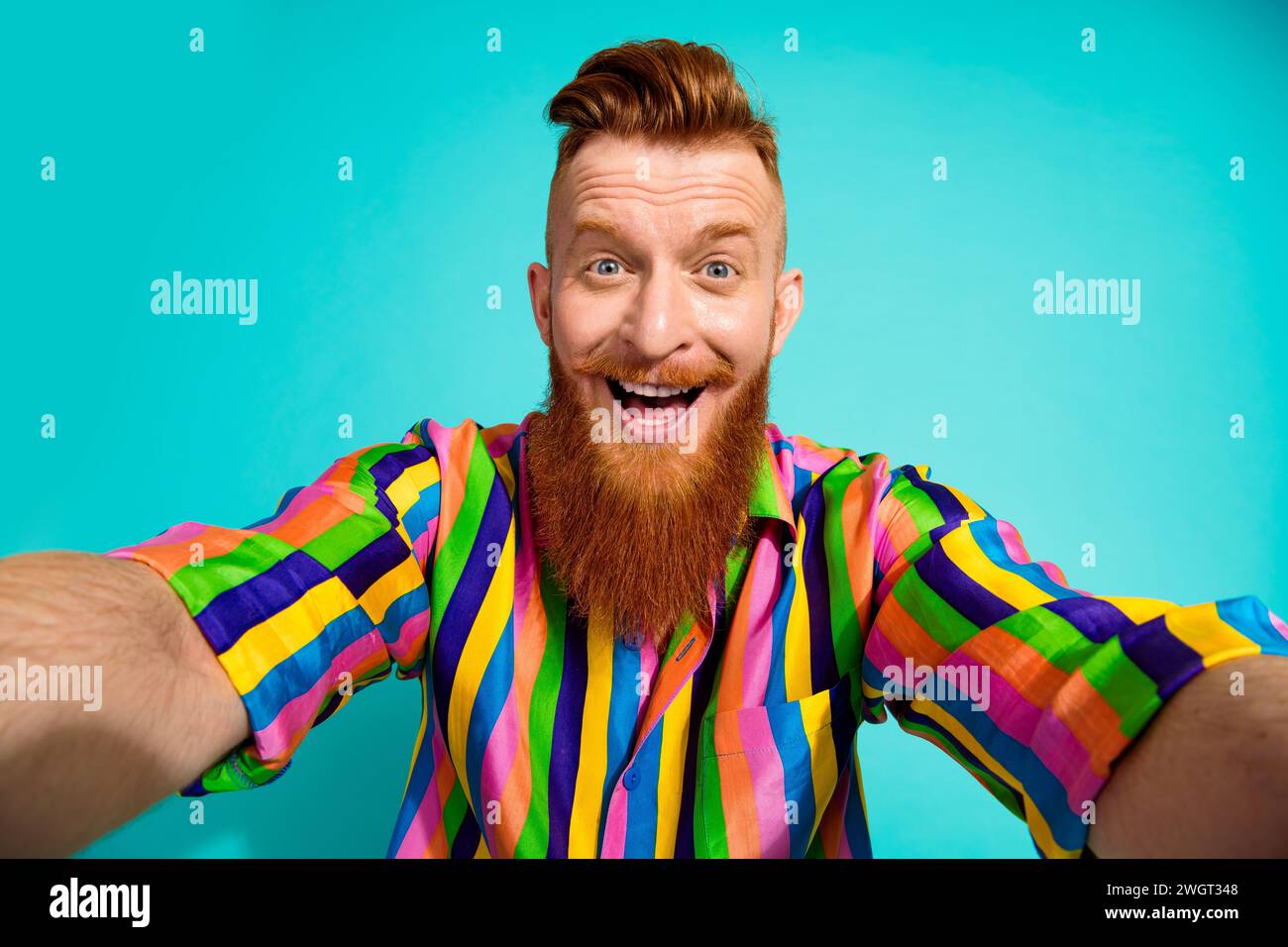 Selfie photo of adult red hair man wearing striped shirt hipster ...