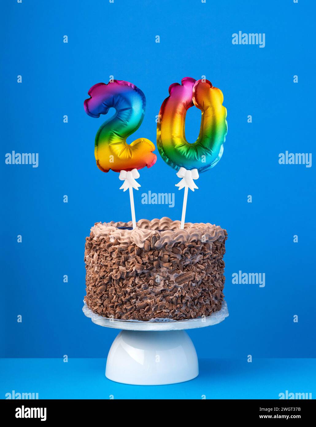 Birthday cake with balloon number 20 - Invitation card on blue ...