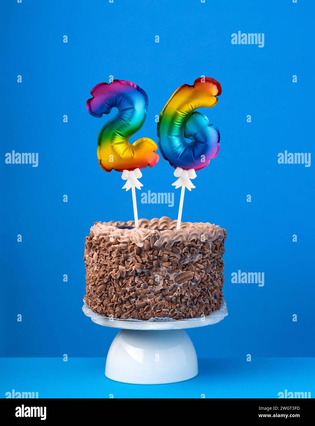 Birthday cake with balloon number 26 - Invitation card on blue ...