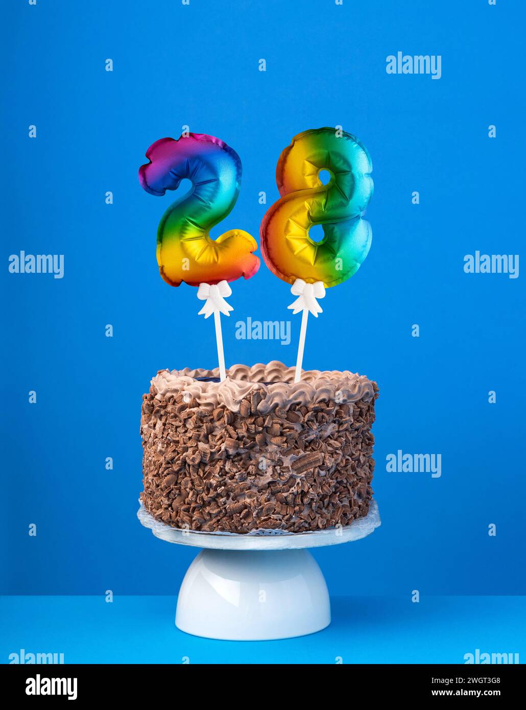 Birthday cake with balloon number 28 - Invitation card on blue ...
