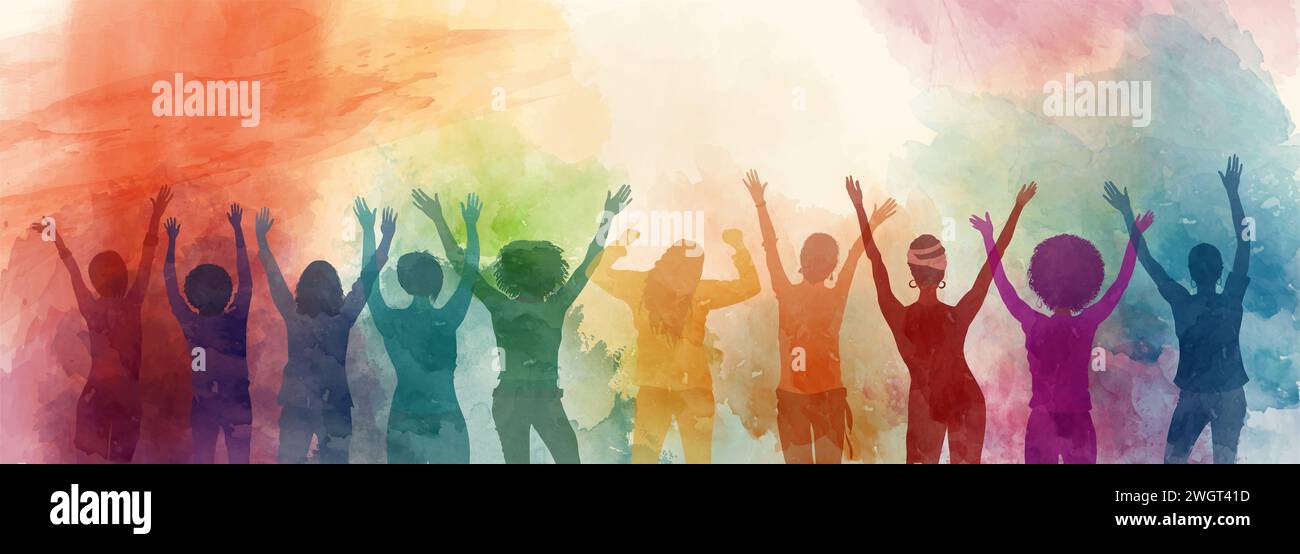 Group silhouette of multicultural women with raised hands seen from ...