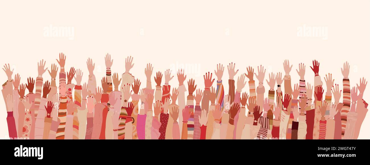 Many raised hands and arms of multicultural women. International Women ...