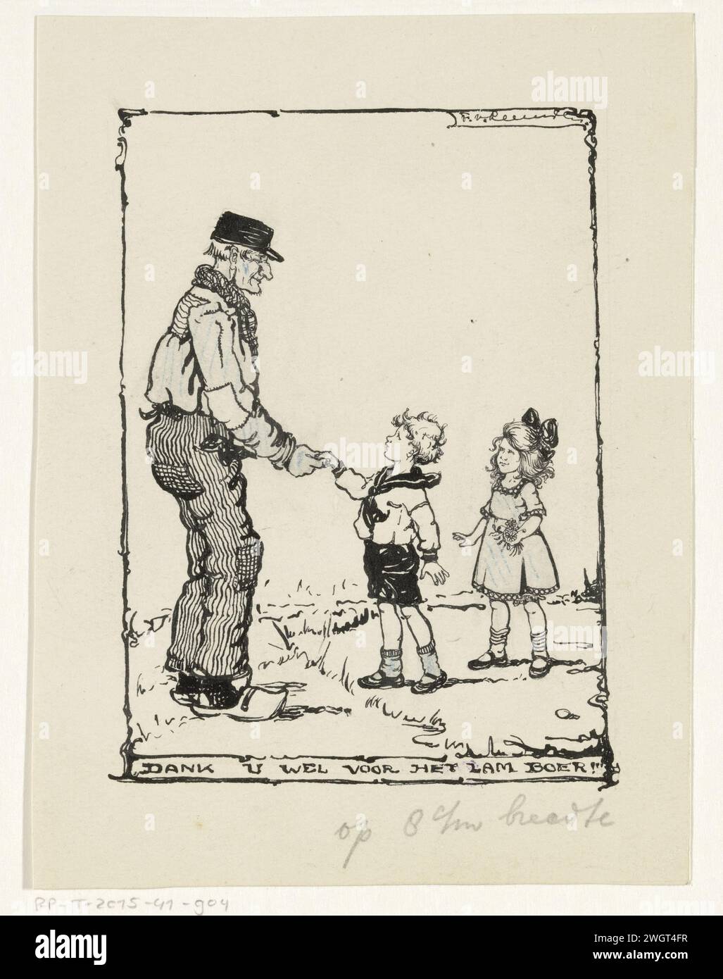 Children thank a farmer, F. van Leeuwen, c. 1890 - c. 1970 drawing A ...