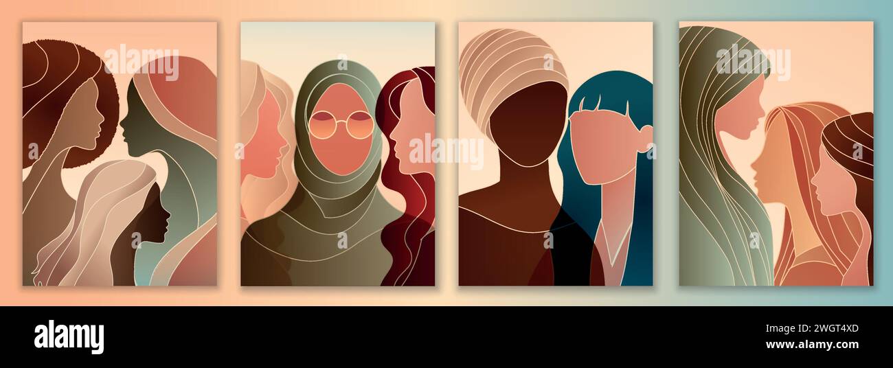 Close-up group silhouette of multicultural women. International women's ...