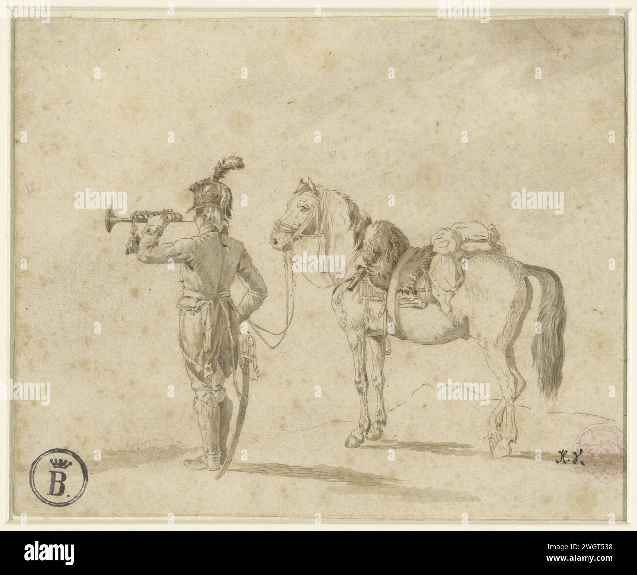 Trumpeter next to Horse, Horace Vernet, 1799 - 1863 drawing paper ...