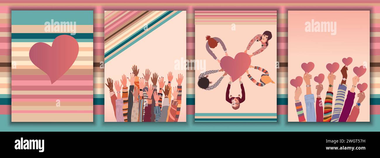 Group of raised hands of multicultural women holding red heart shape ...