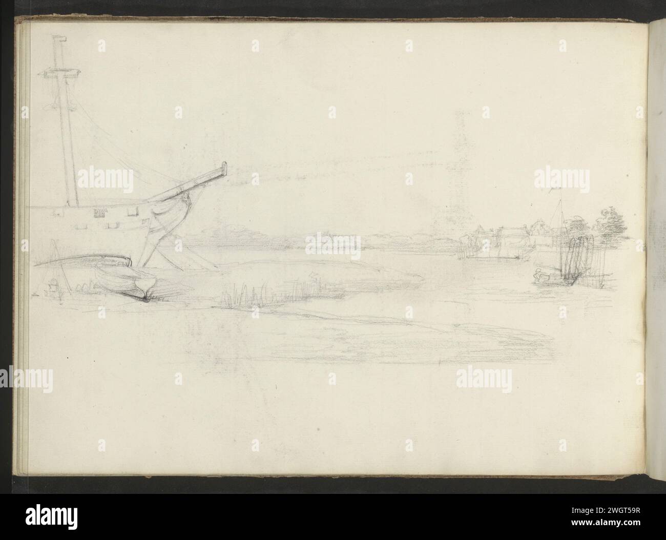 River face with a moored sailing ship, c. 1840 Leaf 12 Verso from a ...