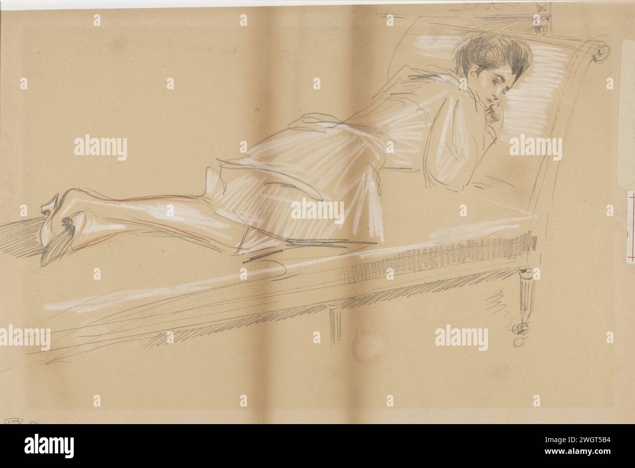 Woman lying forward on a couch, Paul César Helleu, 1849 - 1927 drawing ...