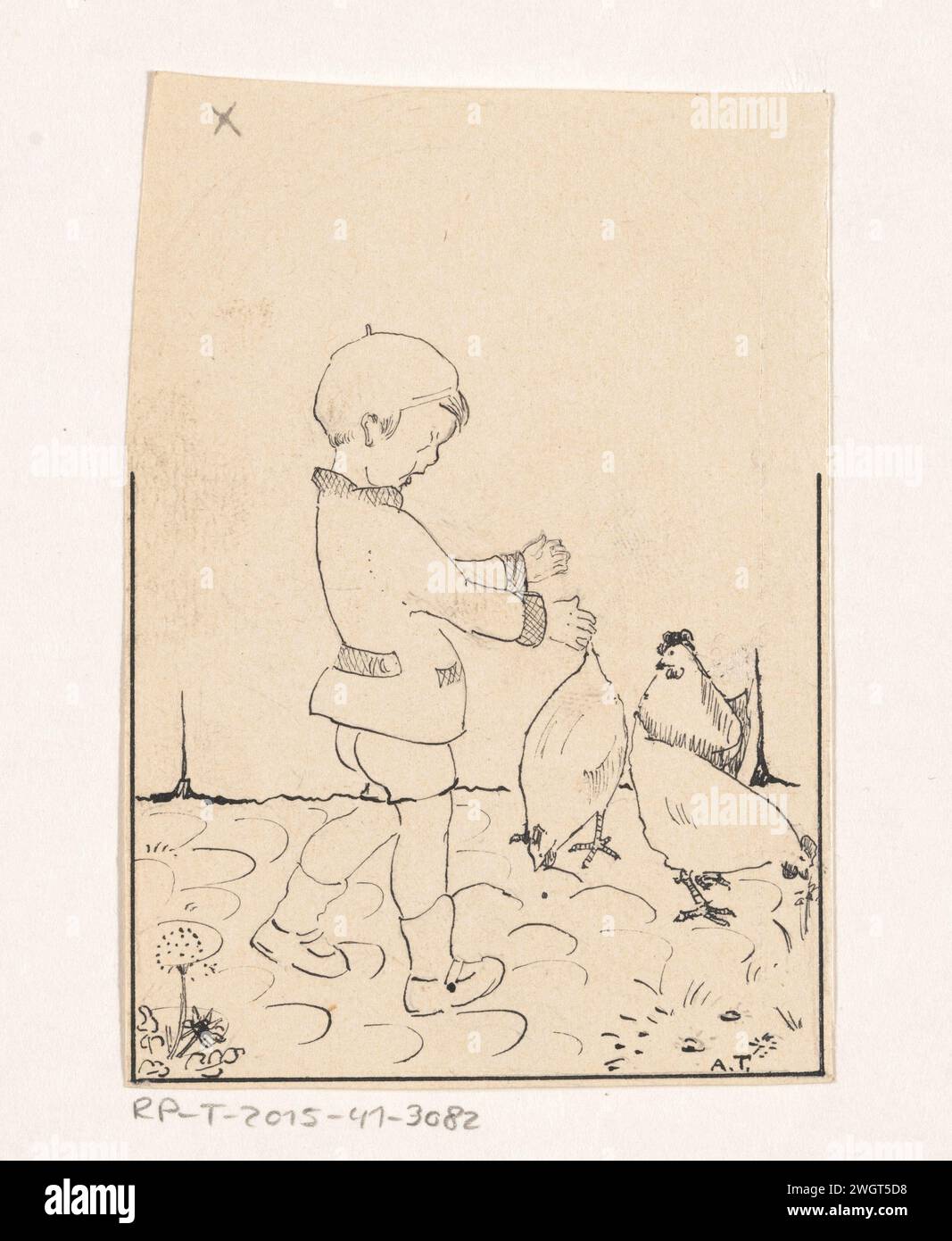 Boy between the chickens, A. Tinbergen, c. 1925 - c. 1935 drawing paper ...